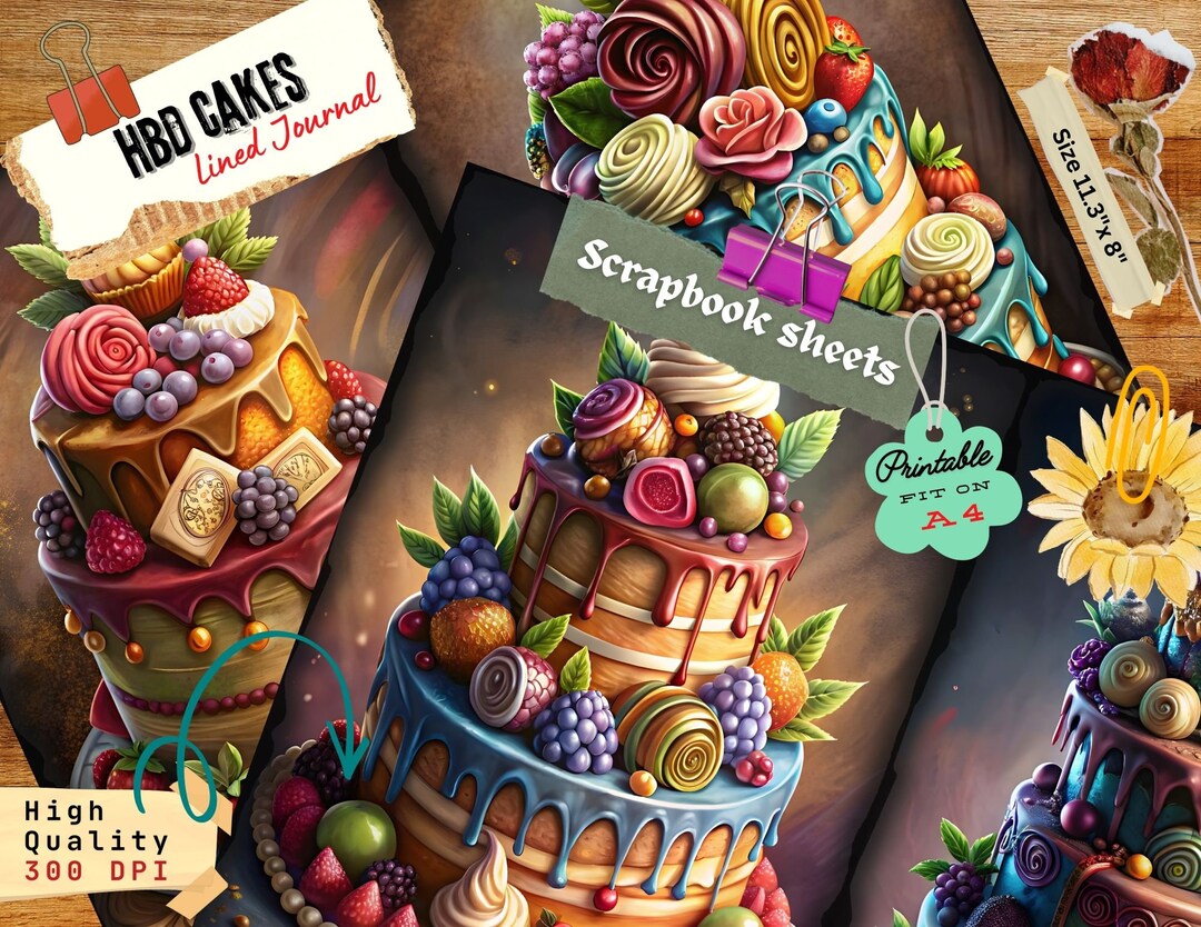 HBD Cake Designs, Digital Scrapbook Papers, Lined Journal, Book Cover ...