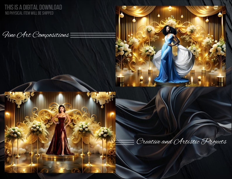 Luxury Gold Digital Backdrop Golden Stage White Flowers Digital ...
