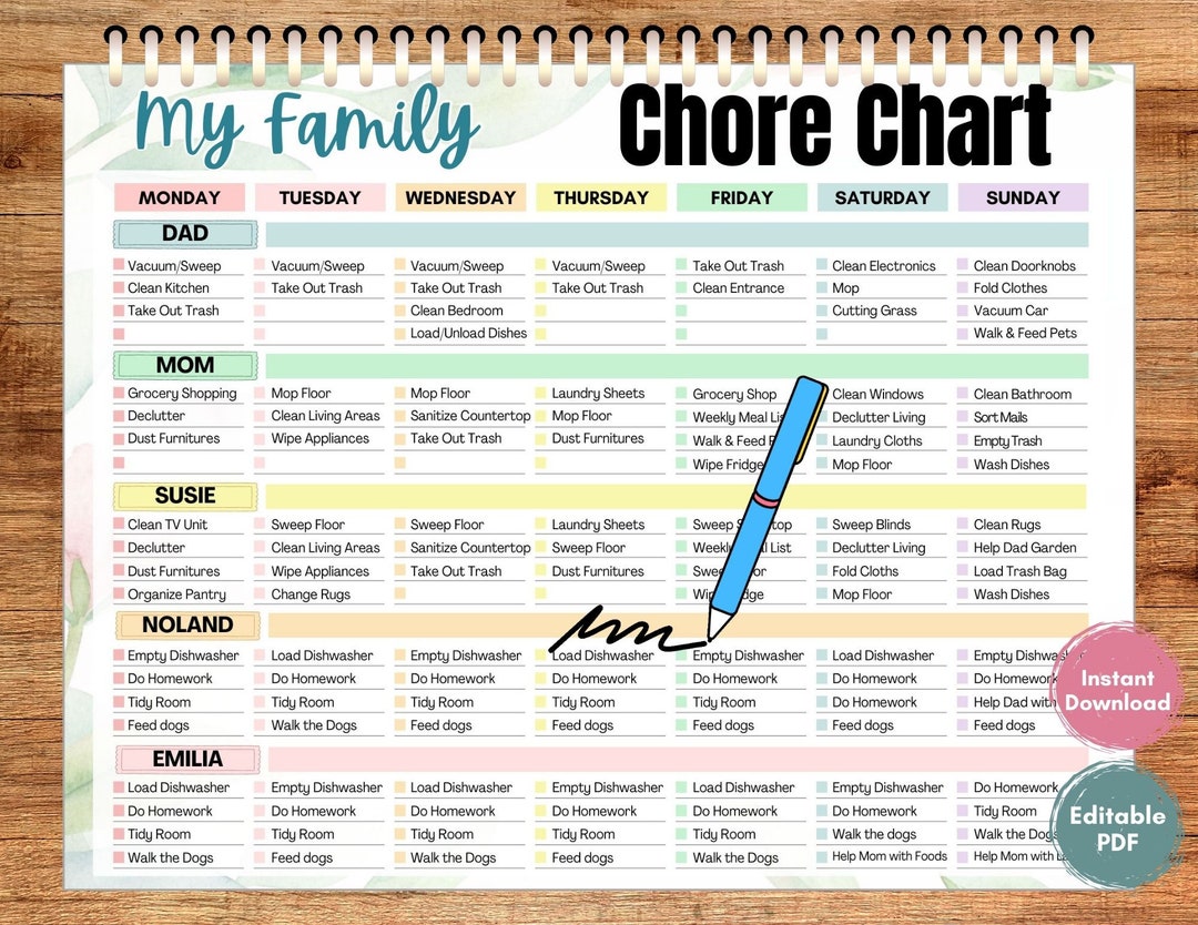 Family Chore Chart Fillable | Printable Weekly Chore List | Dad Mom ...