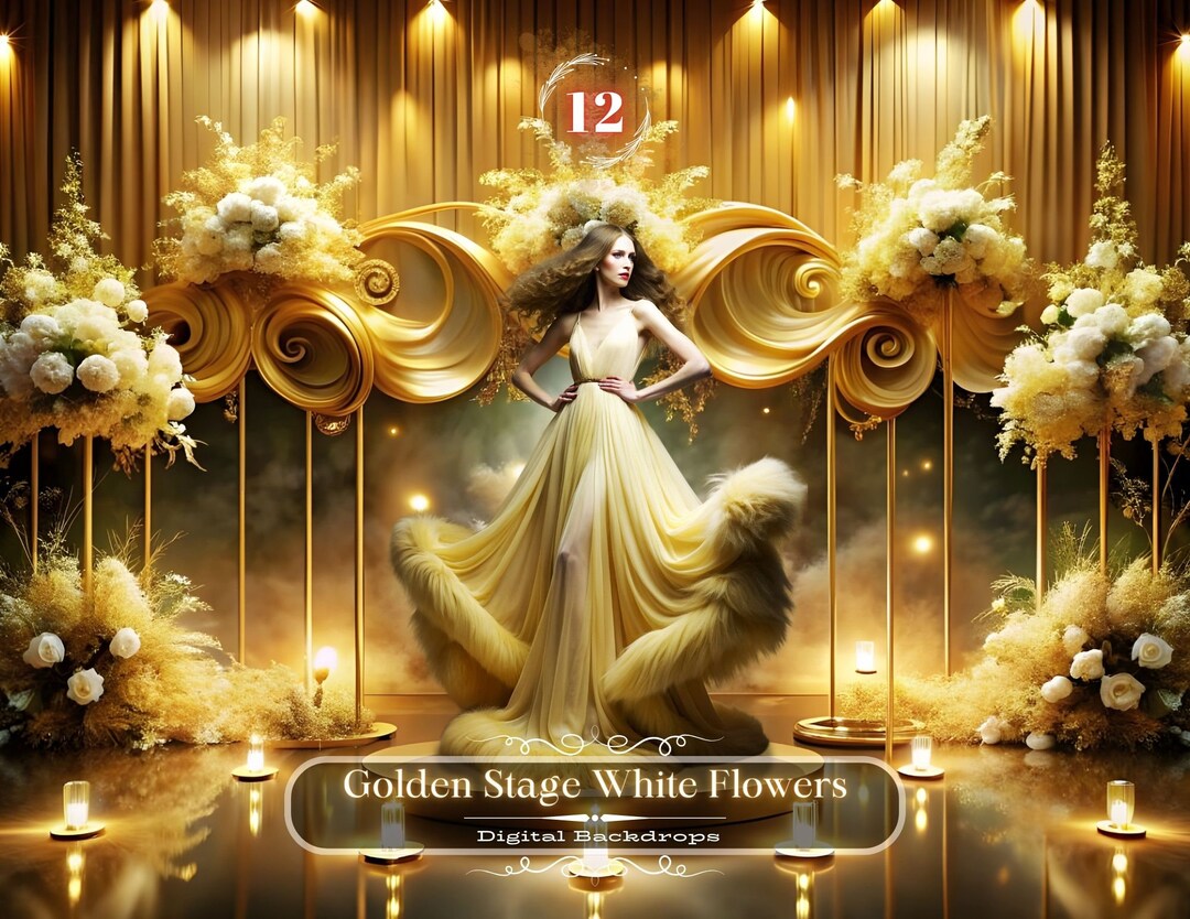 Luxury Gold Digital Backdrop Golden Stage White Flowers Digital ...