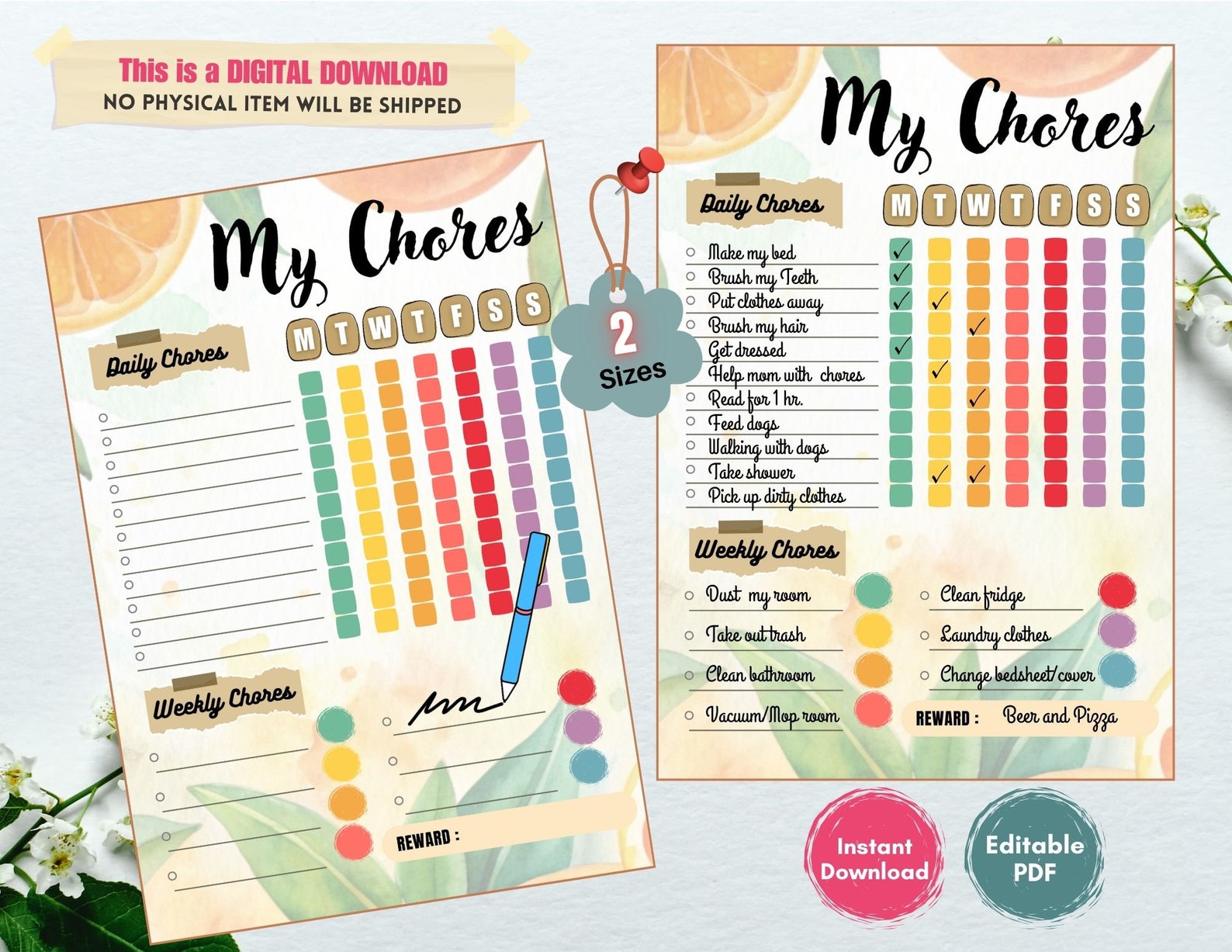 Printable Chore Chart Kids Daily Weekly Responsibility Chart Kids Chore ...