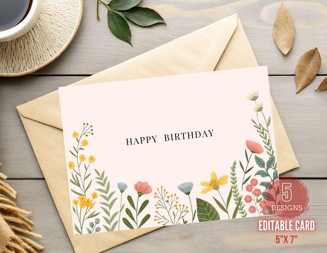 5 Editable Birthday Cards Canva Template Floral Birthday Cards Thank ...
