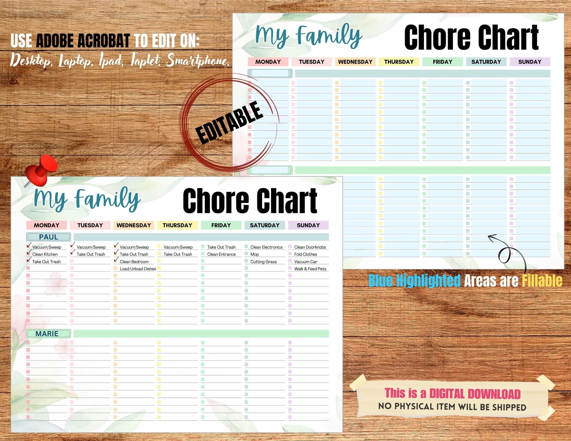 Family Chore Chart Fillable | Printable Weekly Chore List | Dad Mom ...