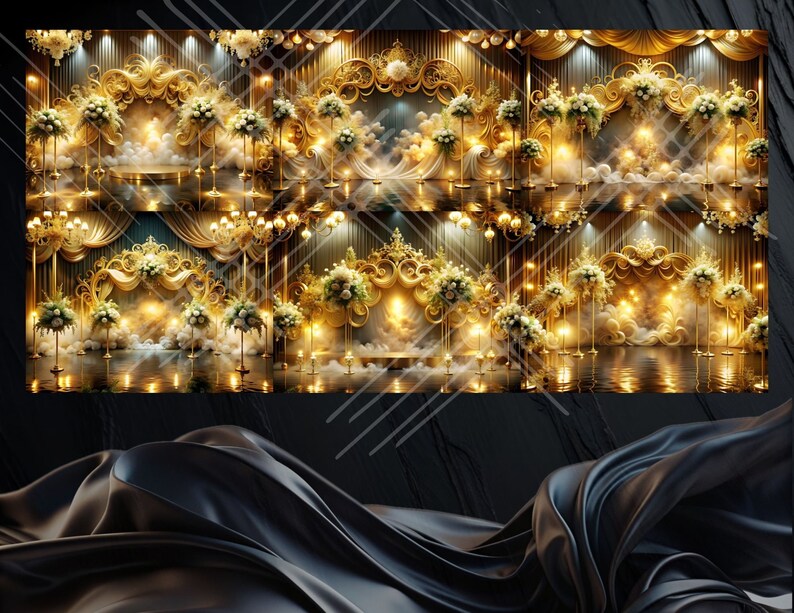 Luxury Gold Digital Backdrop Golden Stage White Flowers Digital ...