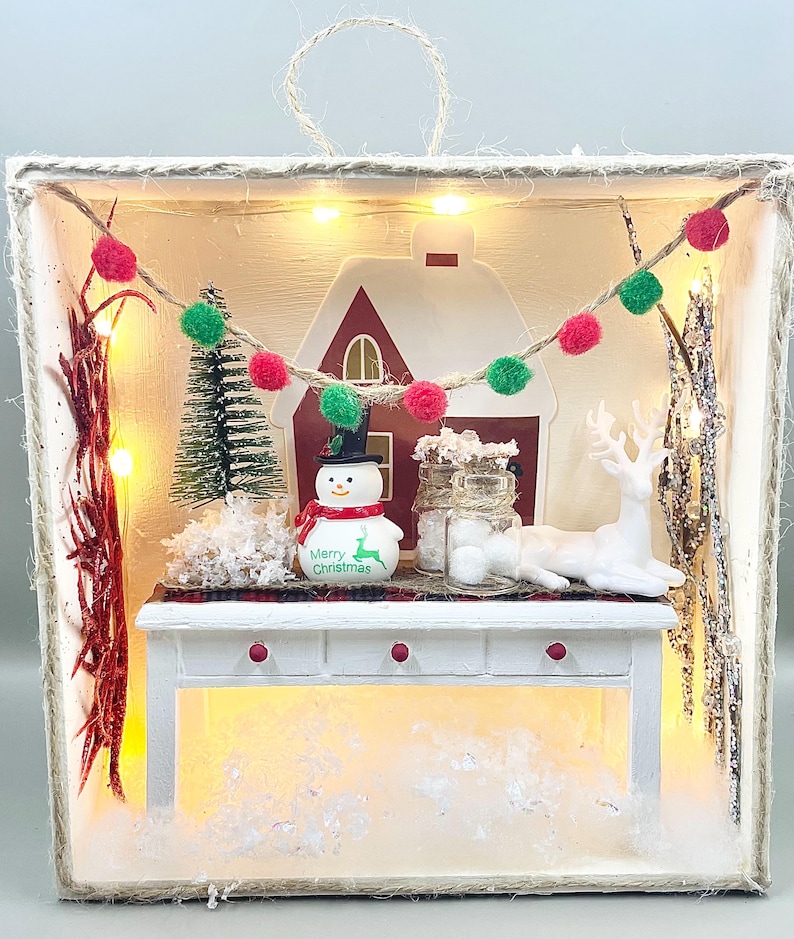Christmas Miniature Diorama Shadow Box With Snowman and Working Lights ...