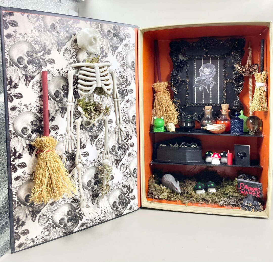 Brooms & Wands Faux Book Shadow Box With Miniature Broom Shop Inside ...