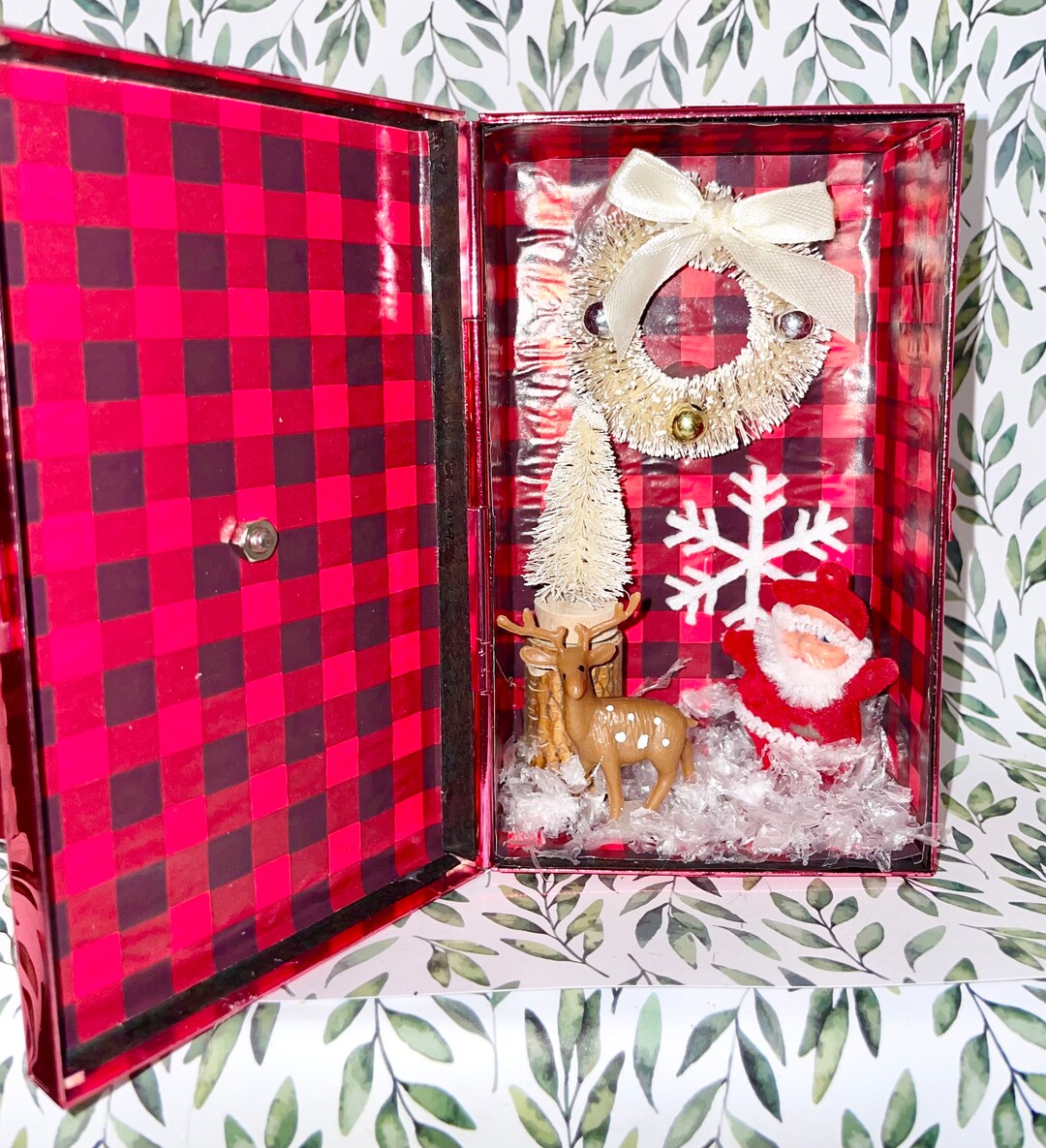 Christmas Shiny Red Little Box With Santa, Deer, Tree and Wreath - Etsy