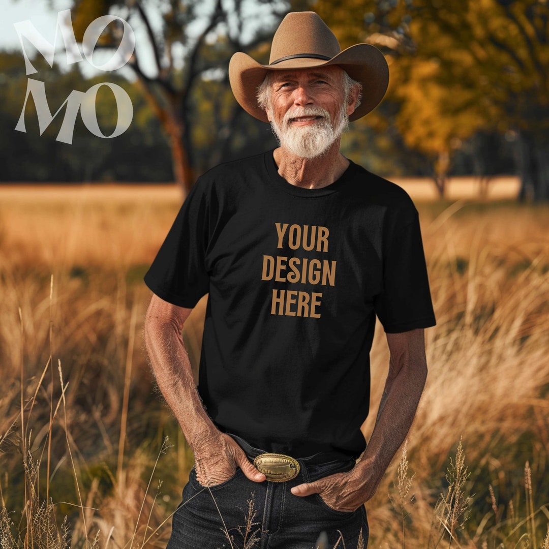 Gildan 5000 Black Tshirt Mockup Western Country Senior Man Portrait ...