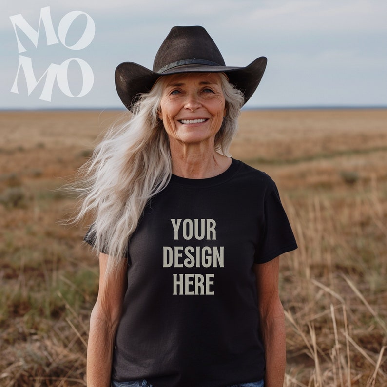 Gildan 5000 Black Tshirt Mockup Western Senior Woman Grandma Cowgirl ...