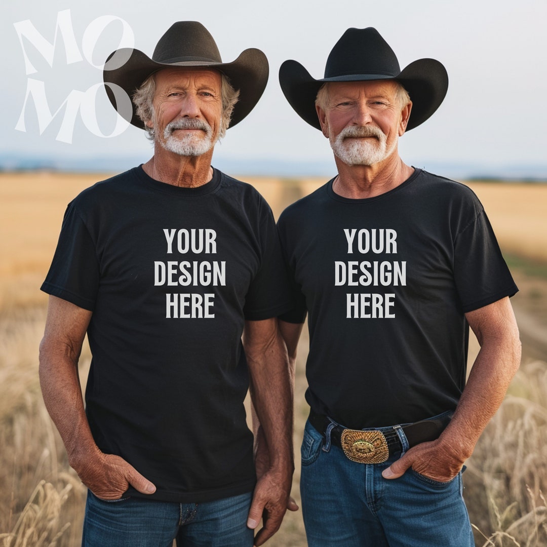 Gildan 5000 Black Tshirt Mockup Western Country Senior Man Group Couple ...