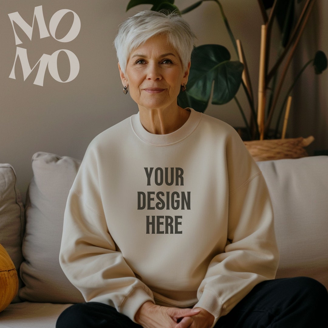 Gildan 18000 Sand Sweatshirt Mockup Digital Older Woman Senior Female ...
