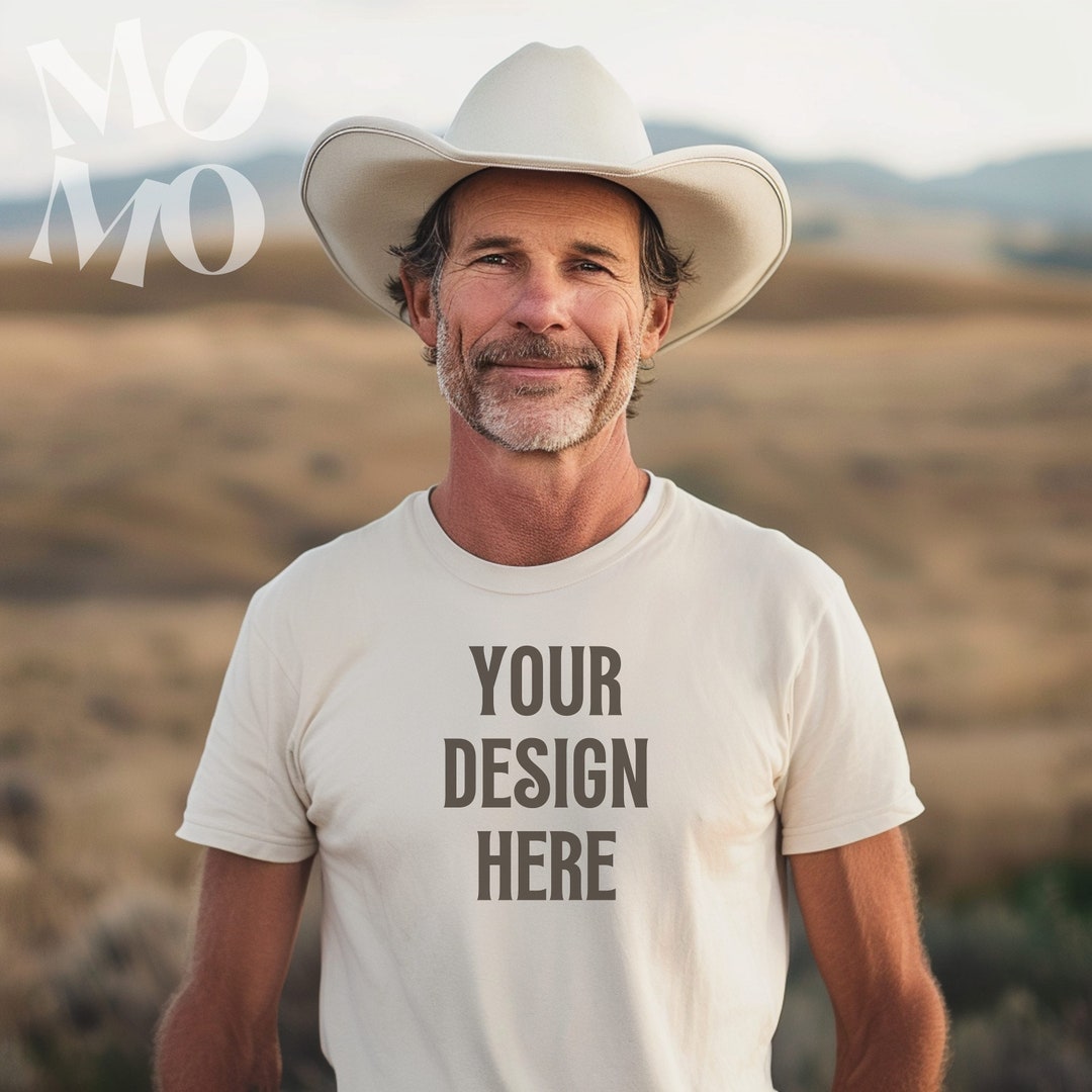 Gildan 5000 Natural Tshirt Mockup Western Country Senior Man Older ...