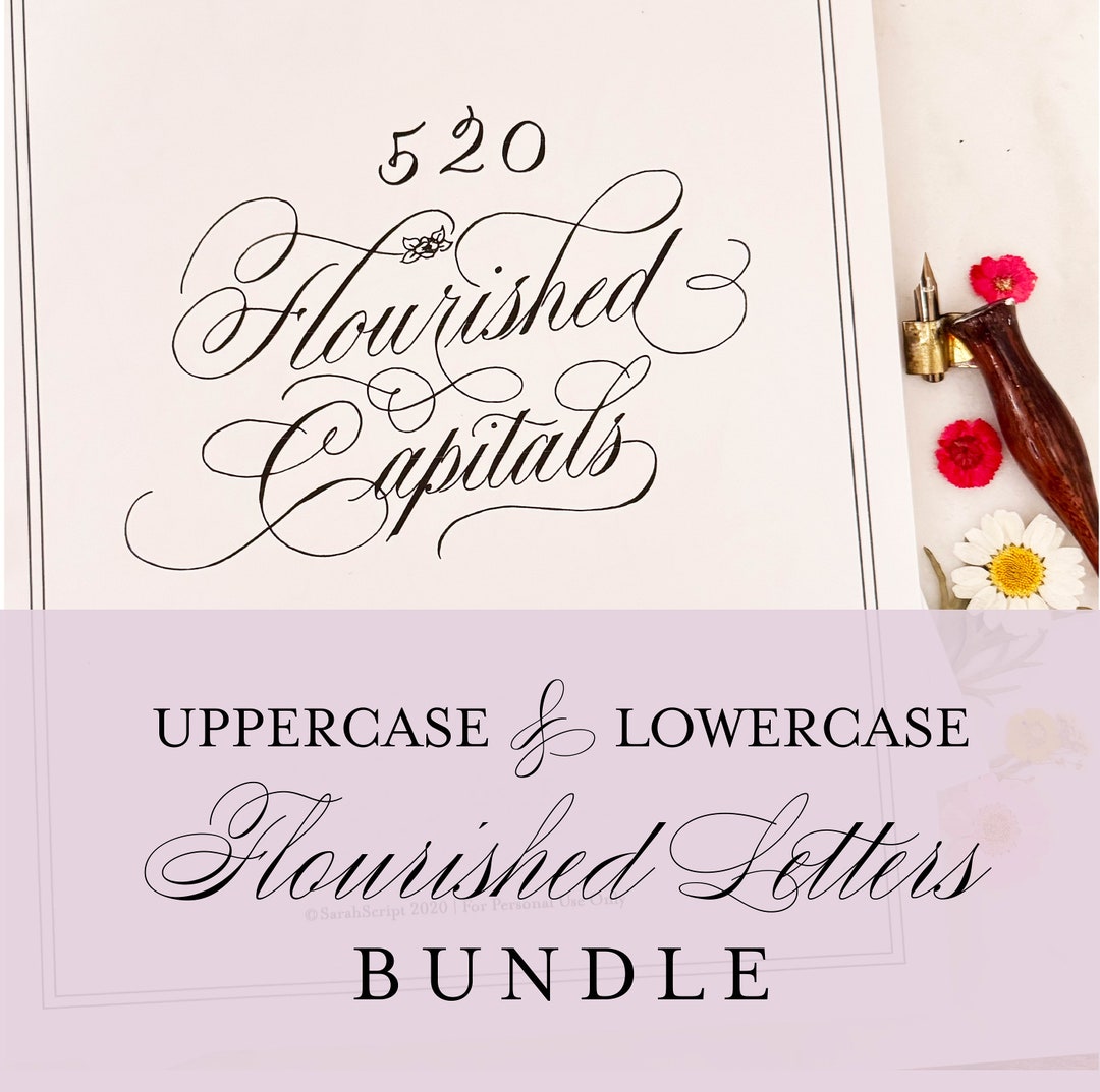 Flourished Calligraphy Practice Sheets, Uppercase and Lowercase Flourished Letters Bundle ...