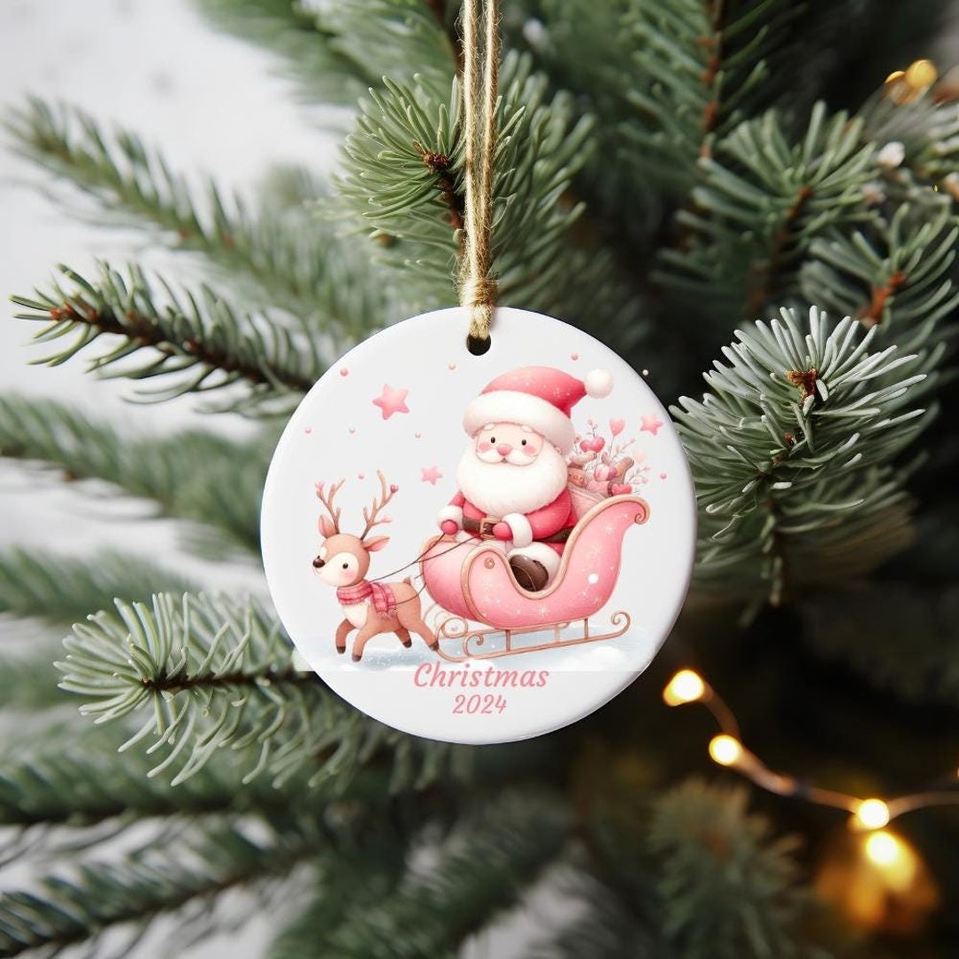 Santa and Reindeer Ornament 2024 Pink Christmas Decor, Customized ...