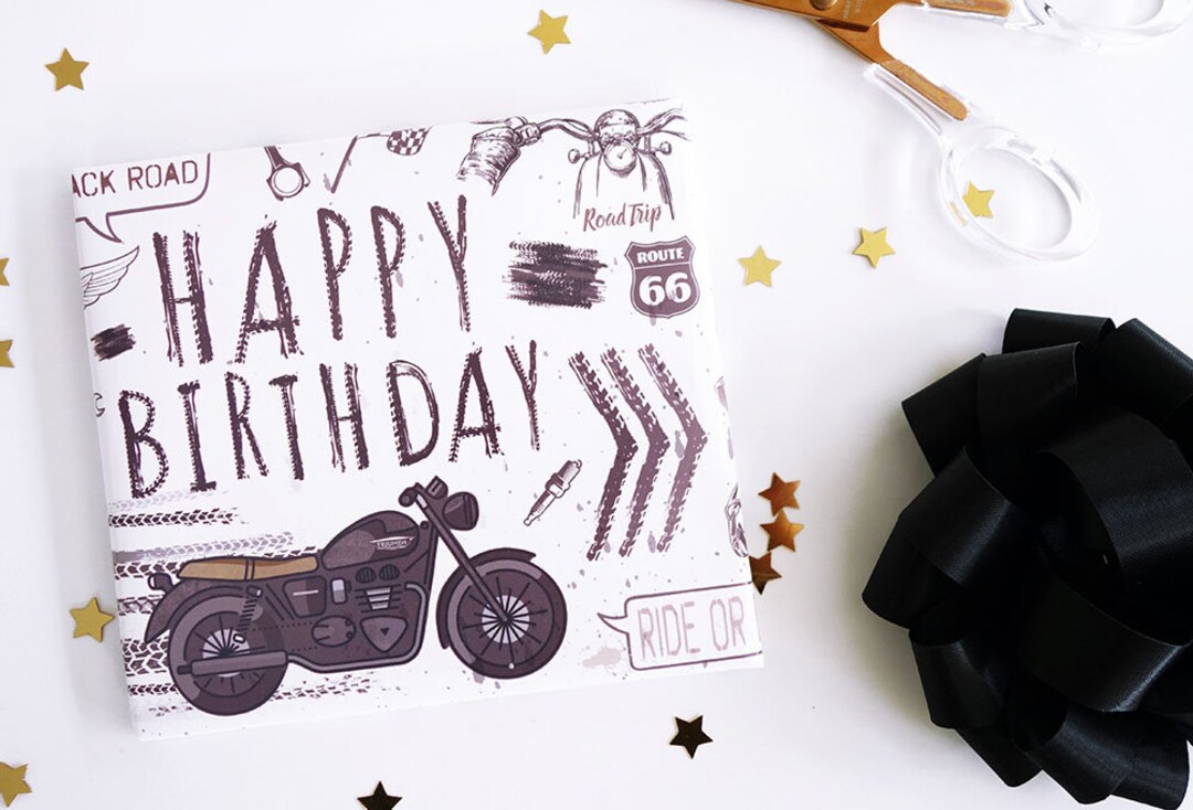 Motorcycle Theme Birthday Wrapping Paper, Fine Gift Wrap, Motorcycle ...