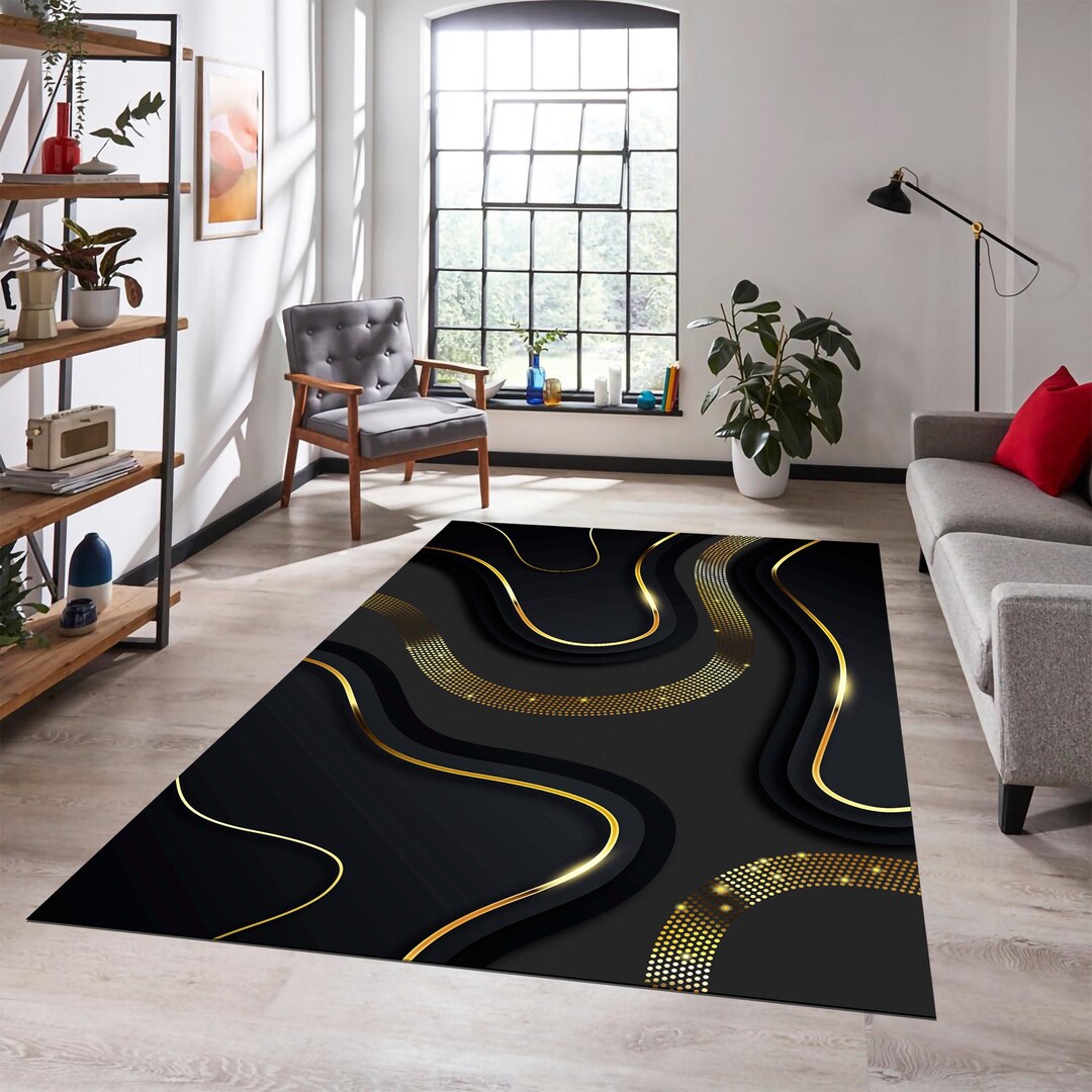 Gold Detail Black Area Rug, Modern Home Decor - Etsy