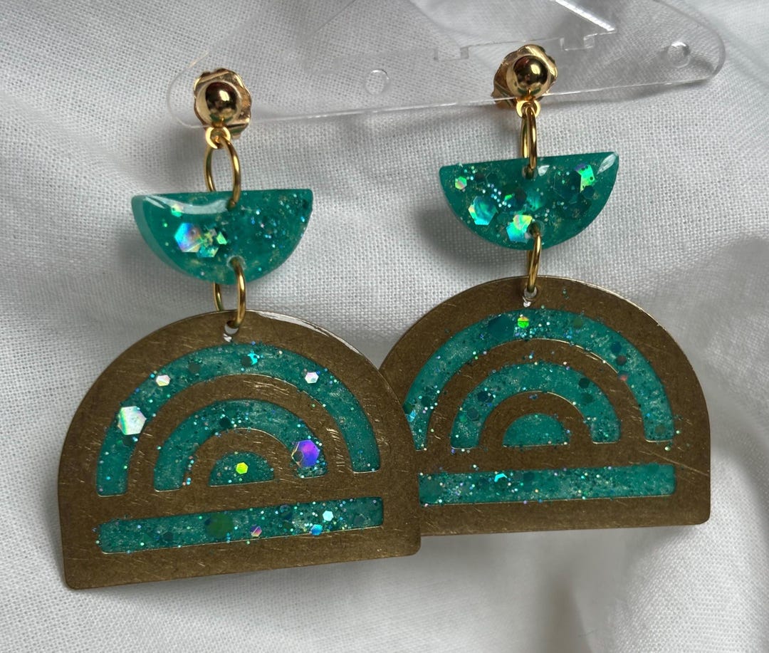 Emerald Green "incas" Earrings, in Brass and Resin With Some Glitter ...