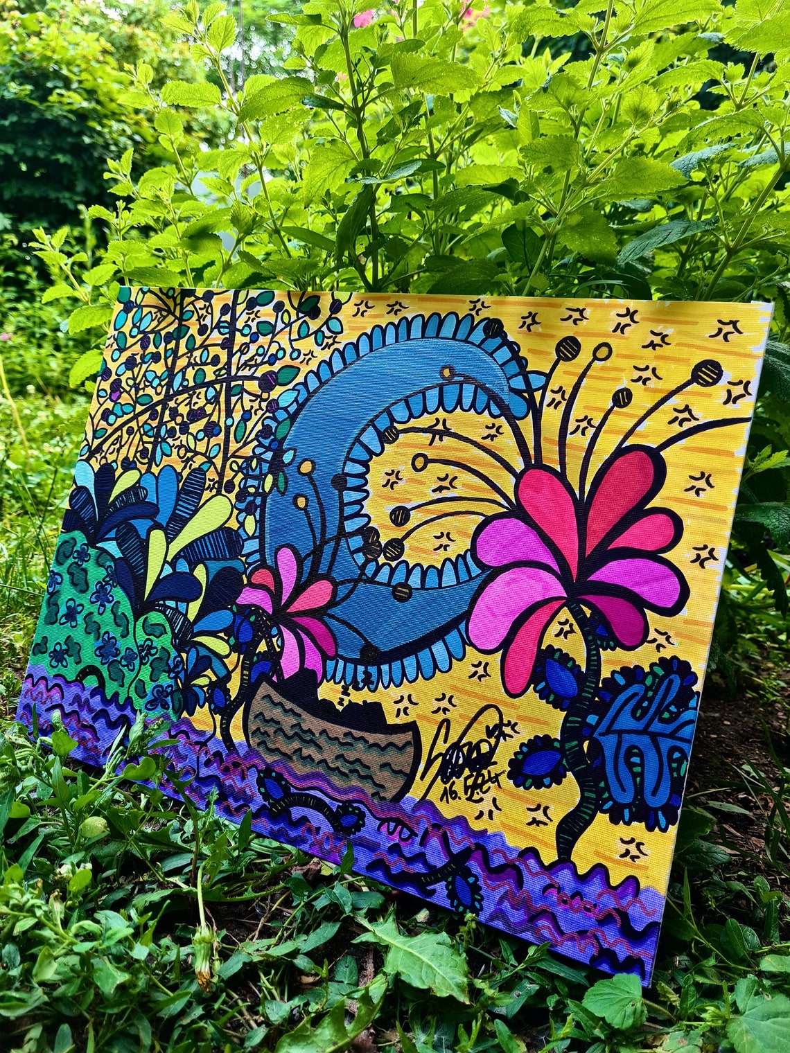 Title: „blue Moon“ - Doodle Art, Hand-drawn, Unique Piece, Abstract ...
