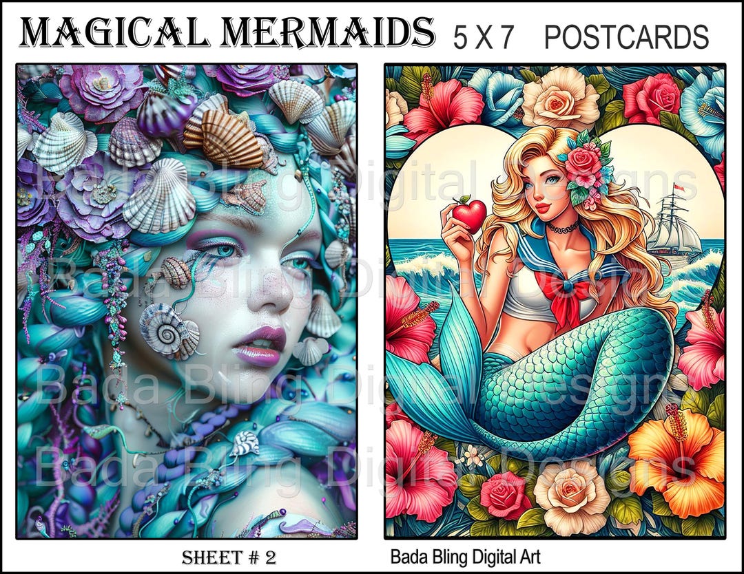 Mermaid Postcards #2 of 5 Original Art Printable Postcards Digital ...