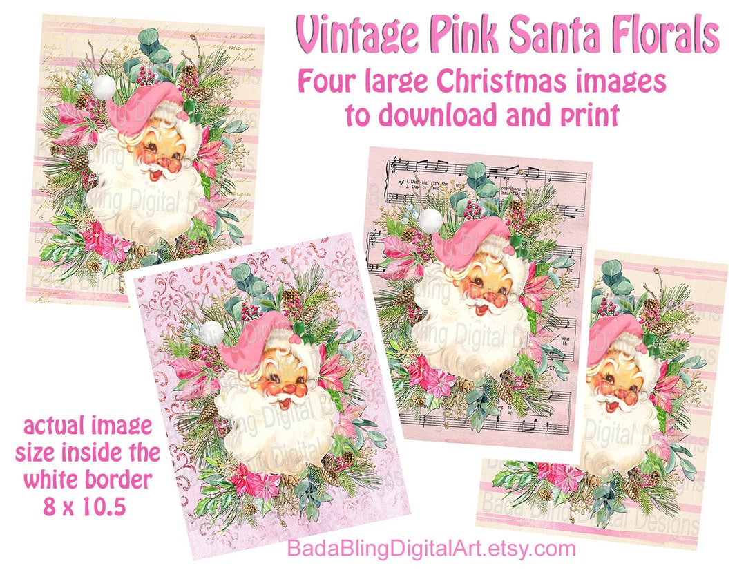 Vintage Pink Santa Florals, Santa in Pink, 4 Large Image Transfers ...