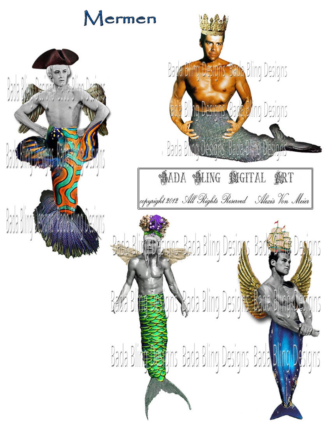 Mermen Altered Mermaid Digital Collage for Atcs,jewelry, Paper Dolls ...
