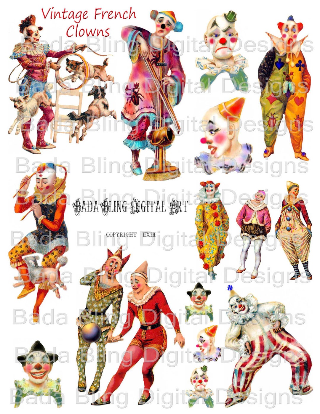 Vintage French Clowns, Hand Painted, Altered Art Digital Collage Sheets ...
