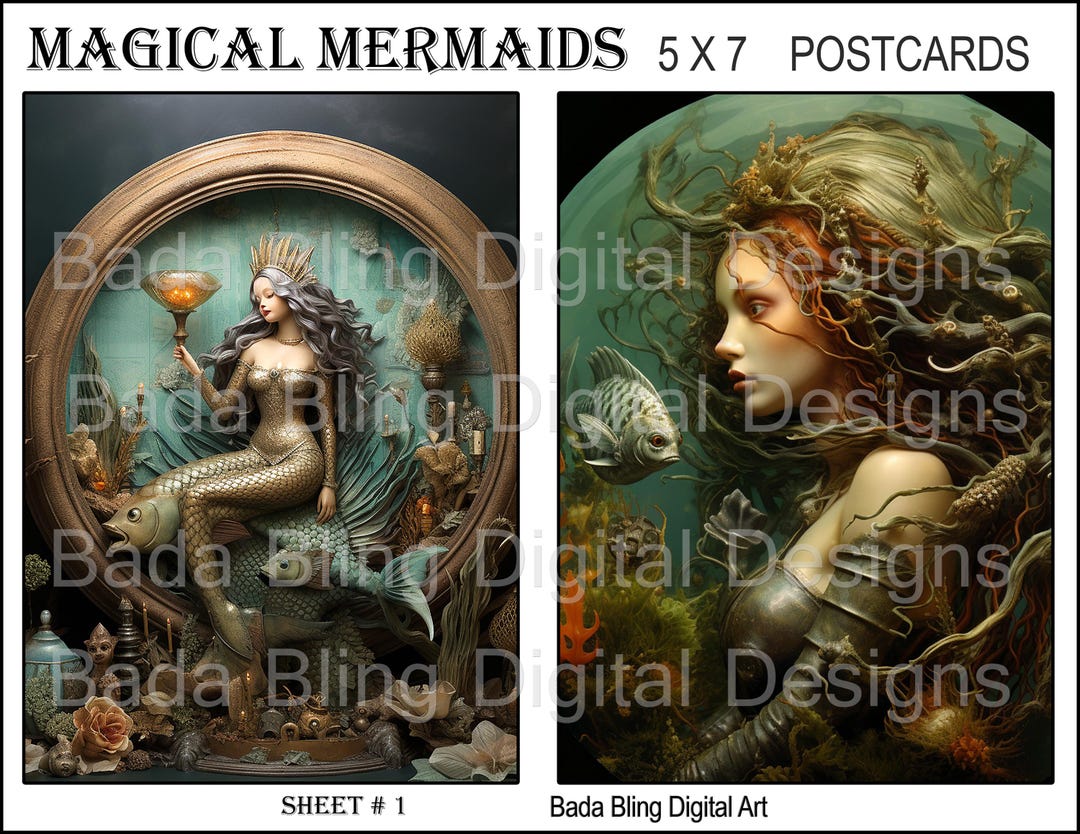 Mermaid Postcards 1 of 5 Original Art Printable Postcards Digital ...