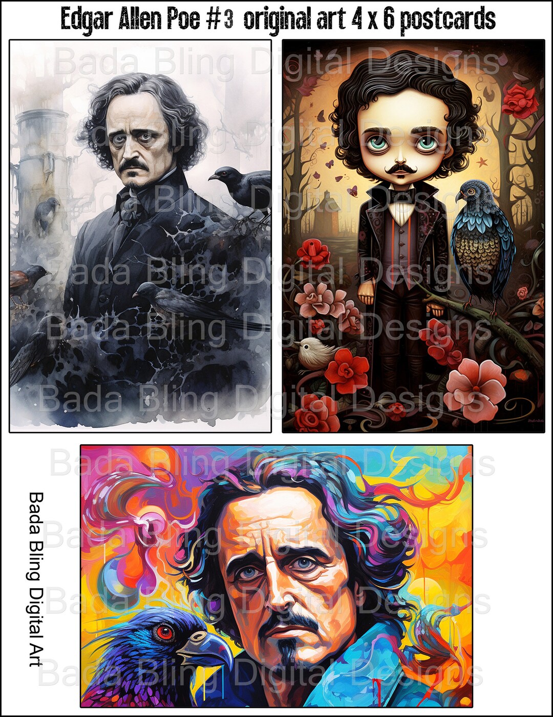 Edgar Allen Poe Postcards Sheet #3 Original Art Printable Postcards ...