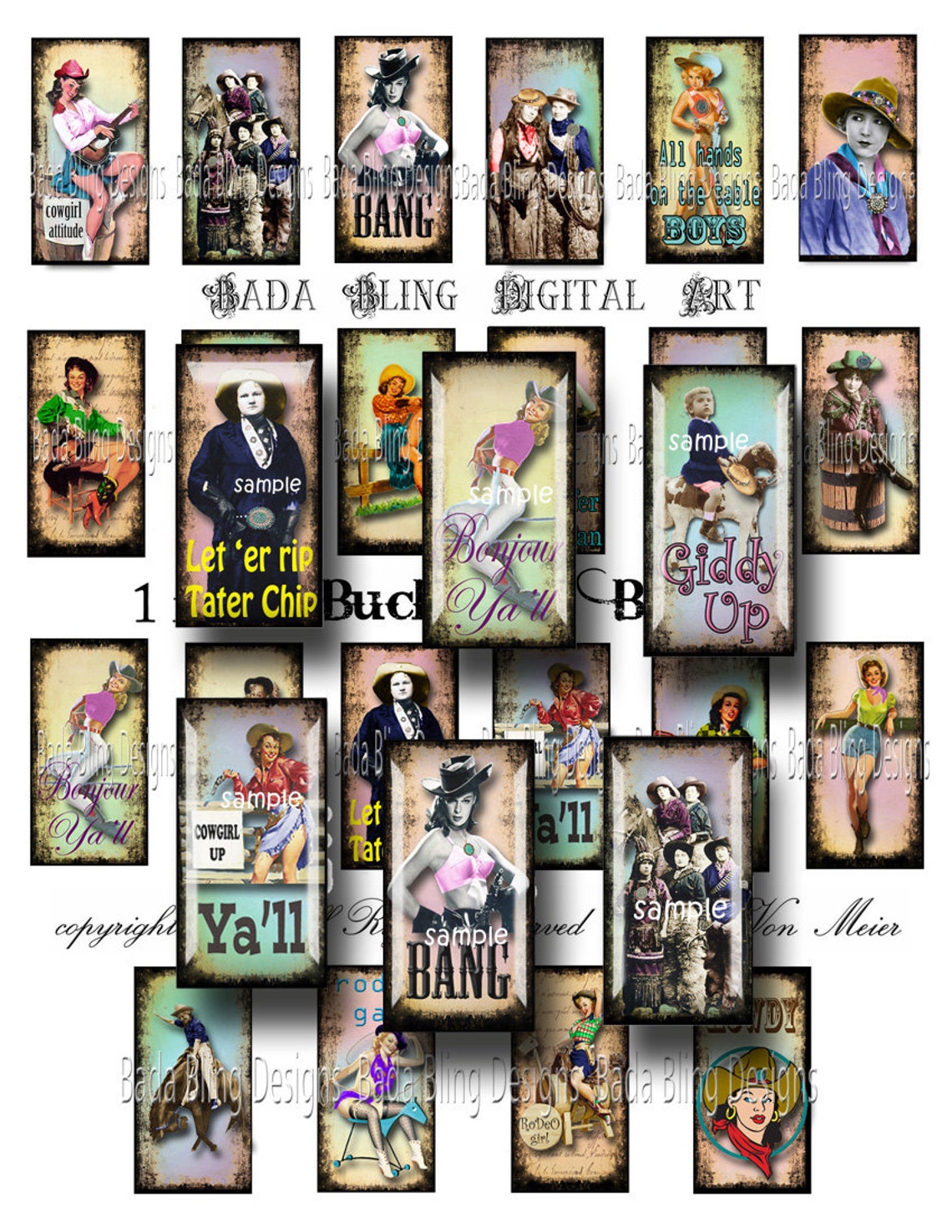 1 X 2 Buckaroo Babes, Cowgirl Digital Collage Sheets for Art Pendants ...