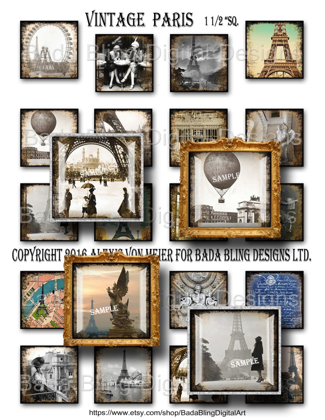 Vintage Paris, 1 1/2 Inch Square, Digital Collage Sheets...instant ...