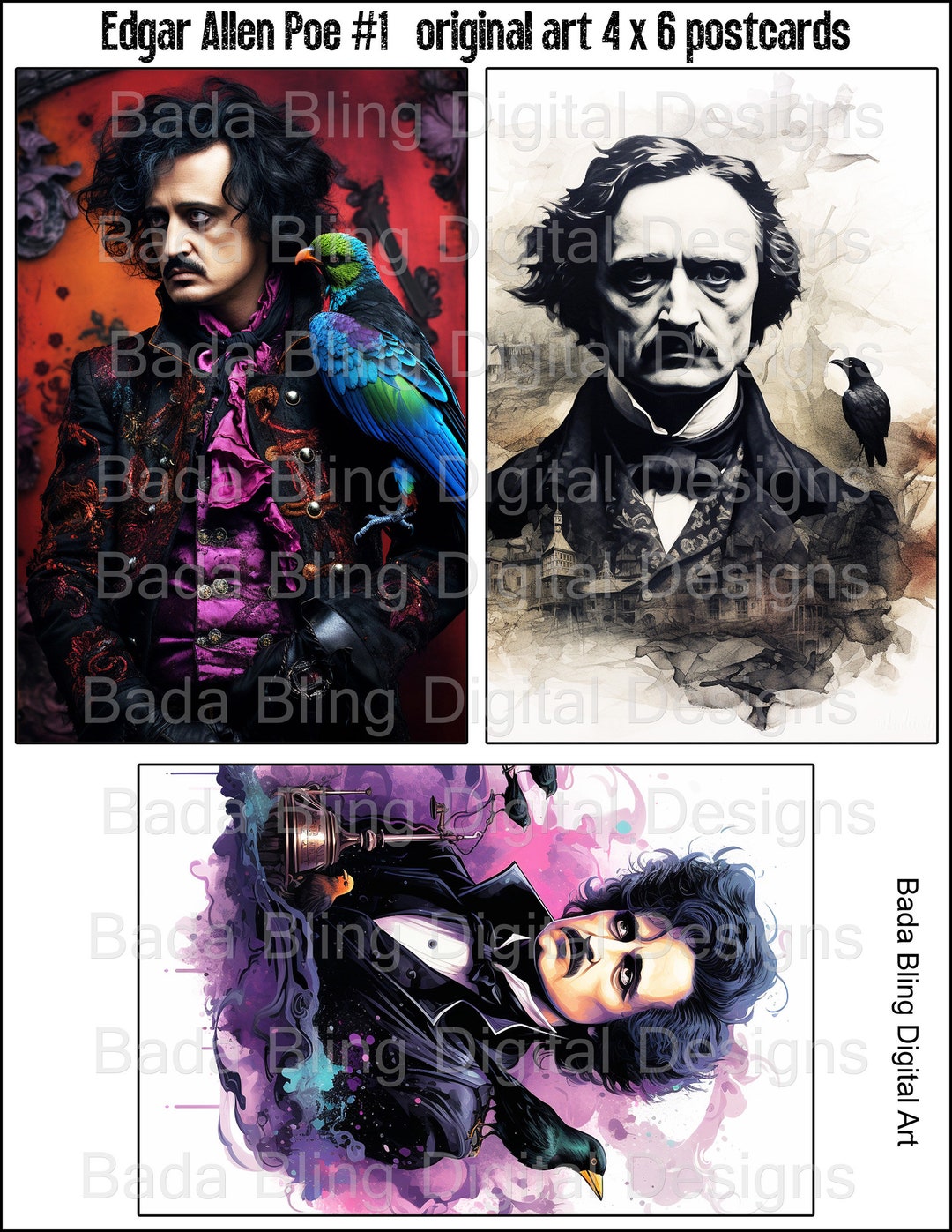 Edgar Allen Poe Postcards Sheet 1 Original Art Printable Postcards ...