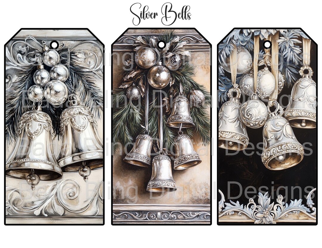 Silver Bells Large Printable Gift Tags Tag Collage Sheets INSTANT ...