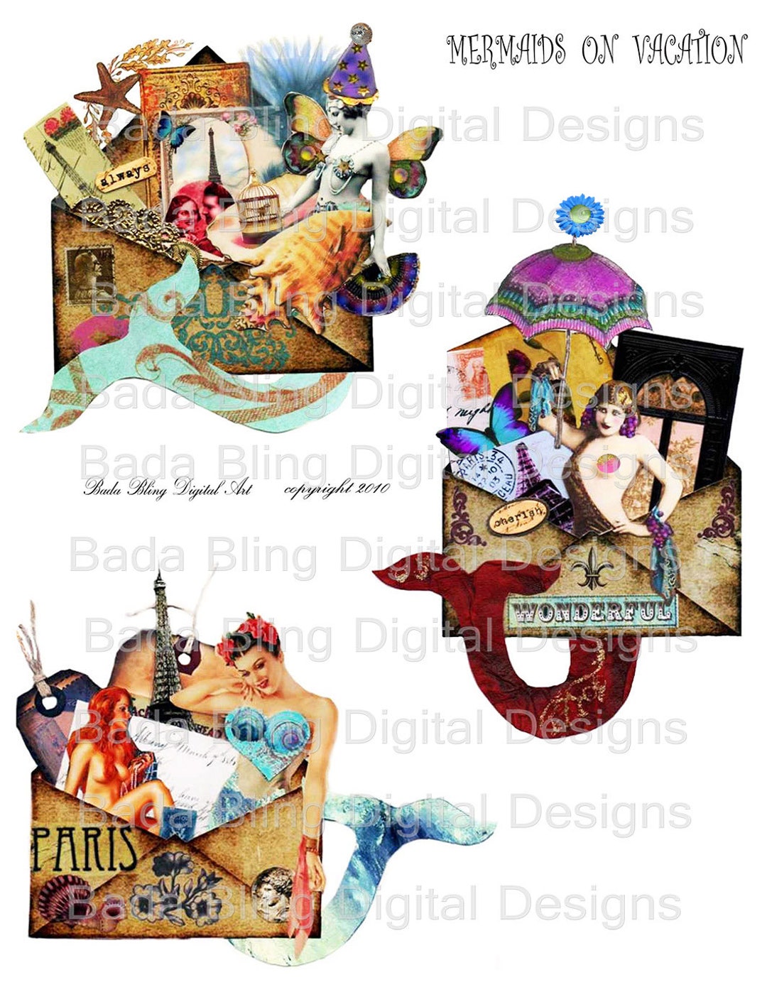 Mermaid Collage Sheets, Mermaids on Vacation Altered Art Mermaids ...