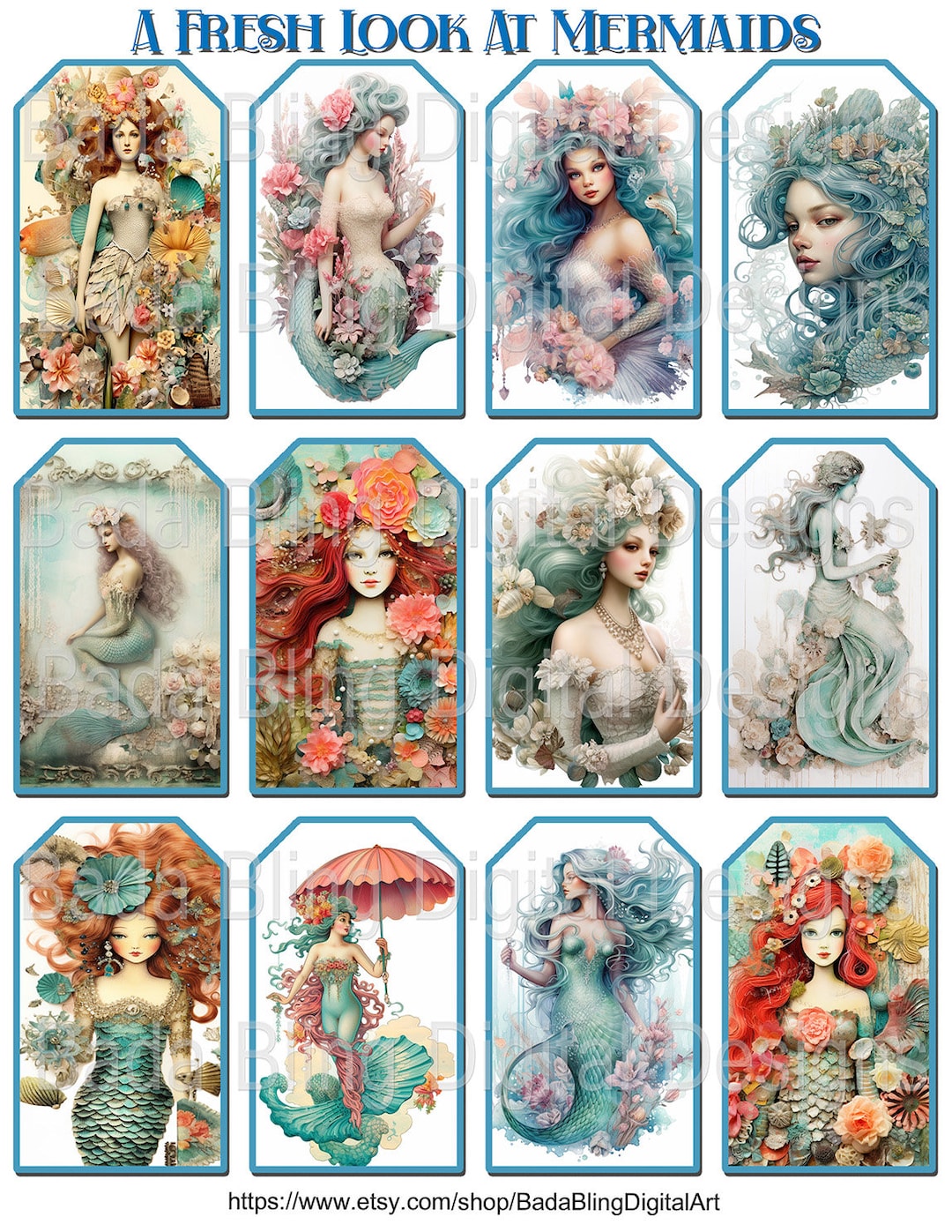 Mermaid Gift Tags, Mermaid Collage Sheets, INSTANT Digital Downloads ...