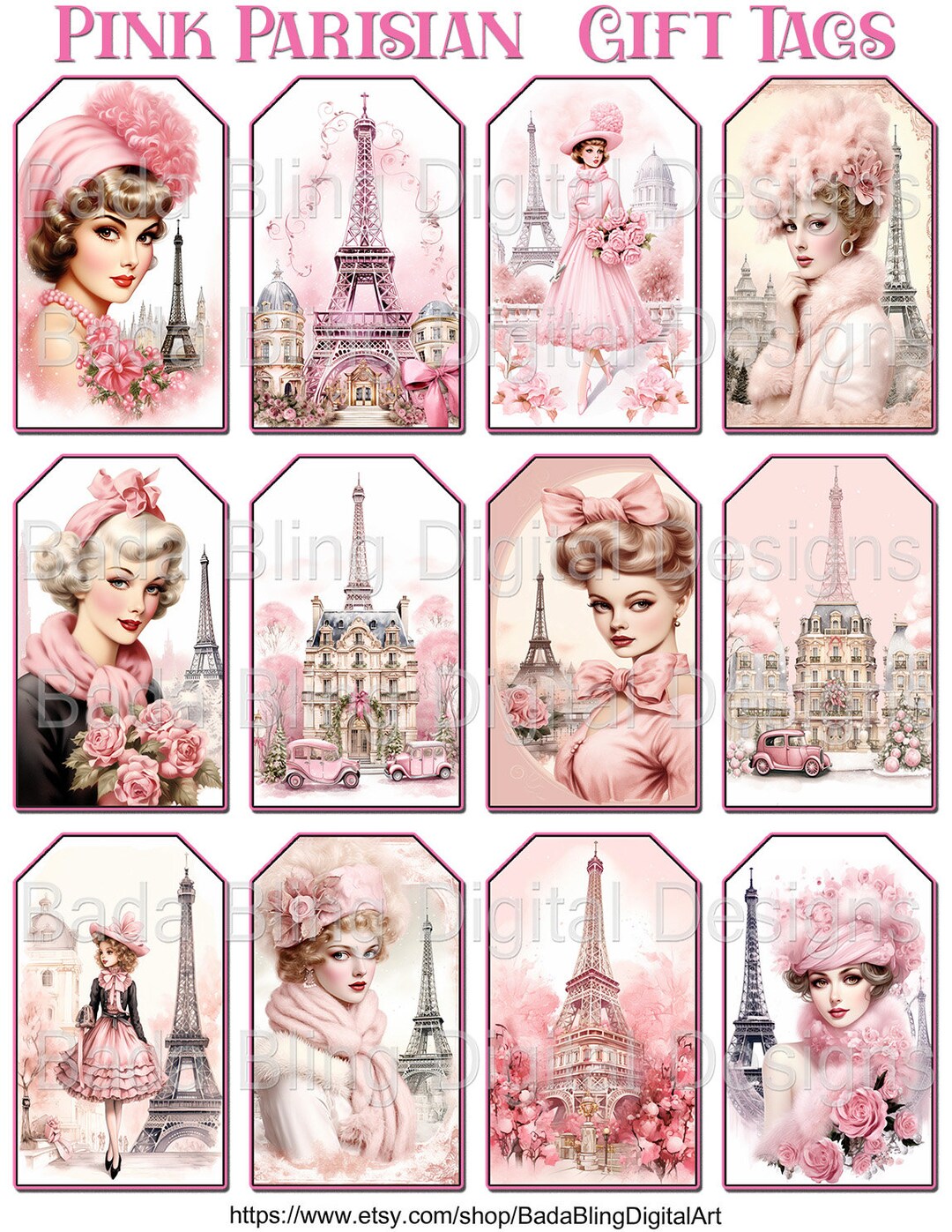 Pink Parisian Gift Tags, Original Art Tag Collage Sheets, INSTANT ...