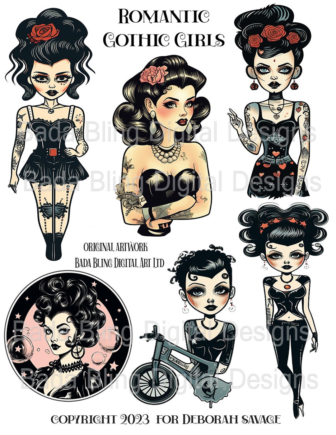 Romantic Gothic Girls, Original Art, INSTANT DOWNLOAD, Retro Goth ...