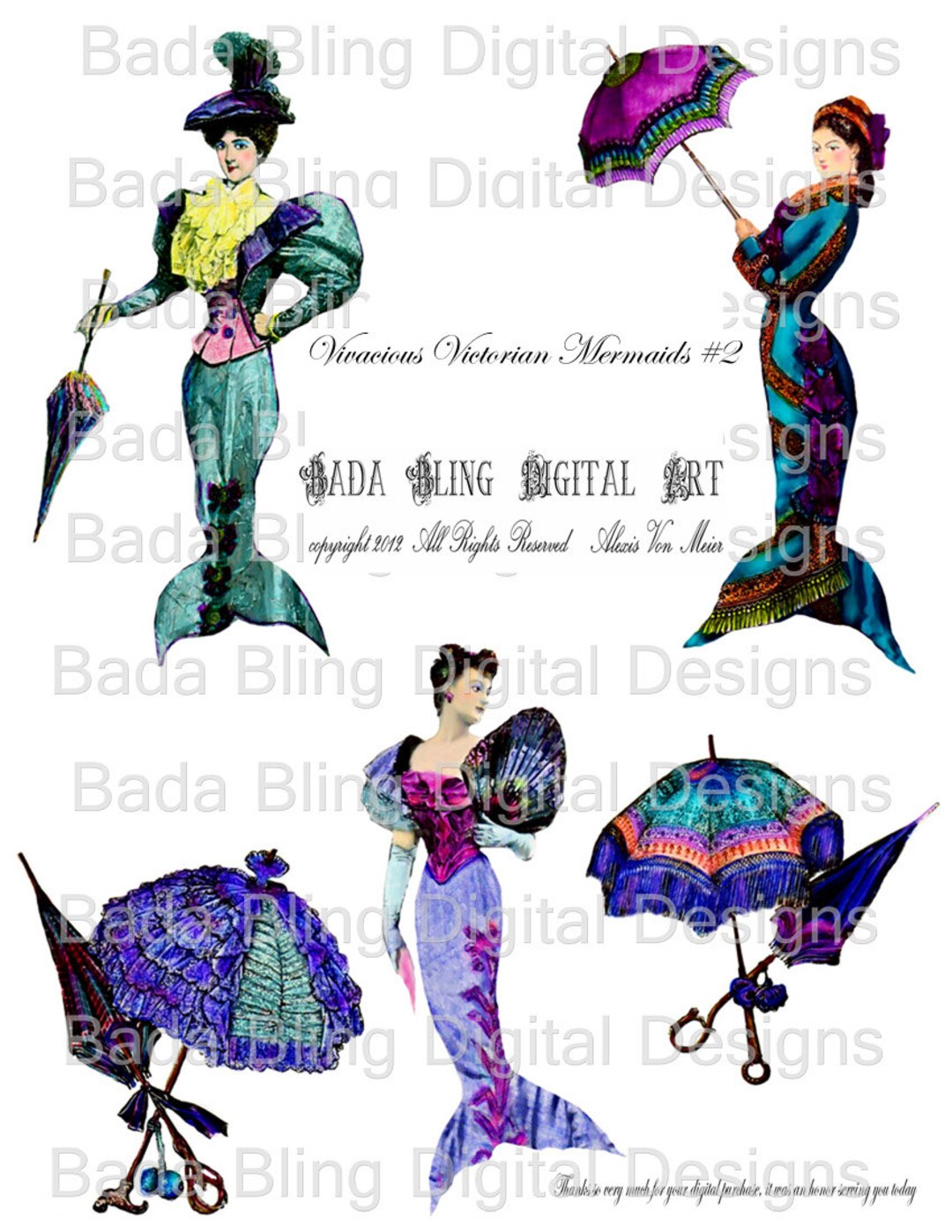 Victorian Mermaids,# 2 ...INSTANT DOWNLOAD, Mermaid Collage Sheets ...