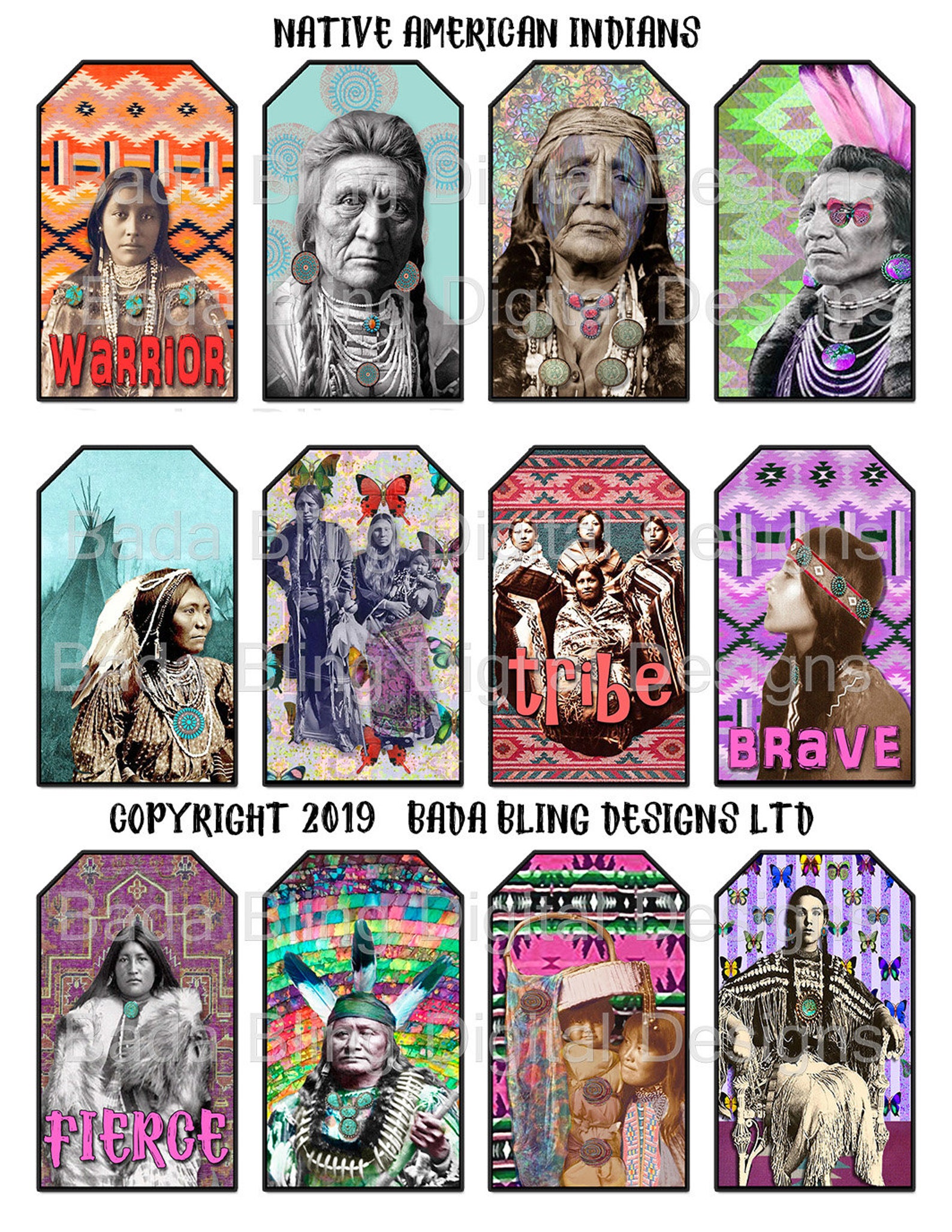 Native American Indians, Printable Gift Tags, Original Art, Digital ...