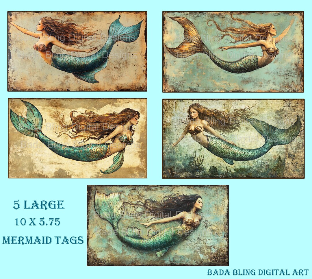 Extra Large Mermaid Gift Tags, Mermaid Collage Sheets, INSTANT Digital ...