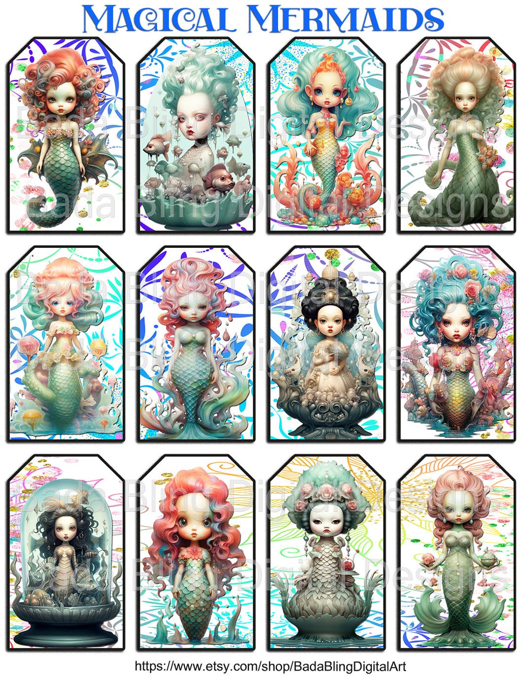 Magical Mermaids, Tag Collage Sheets, INSTANT Digital Downloads ...