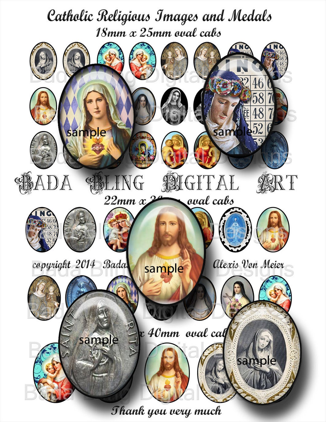 Catholic Images, in 3 Sizes of Ovals for Earrings, Pendants and Charms ...