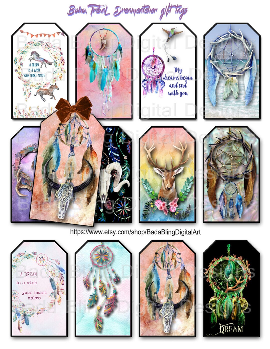 Boho,tribal, Dreamcatcher, Gift Tags, INSTANT Download, Printable Gift ...