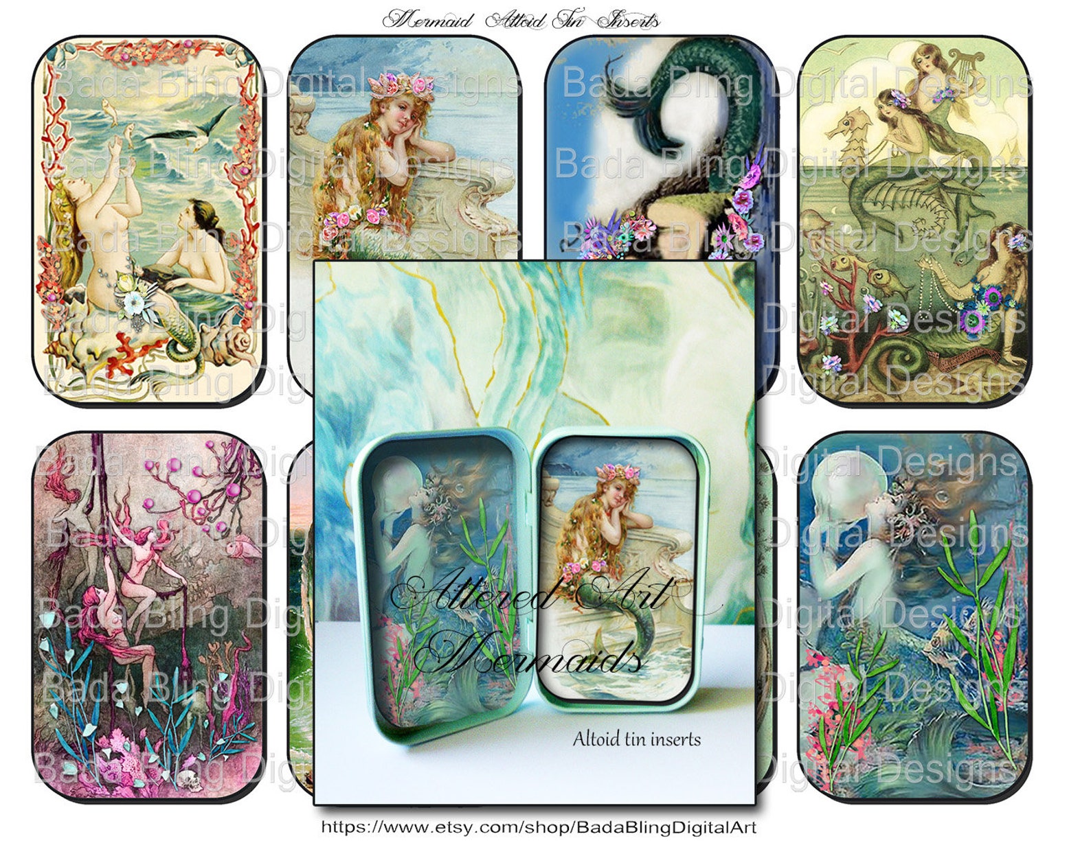 Mermaid Atoid tin inserts. mermaid collage sheets INSTANT | Etsy