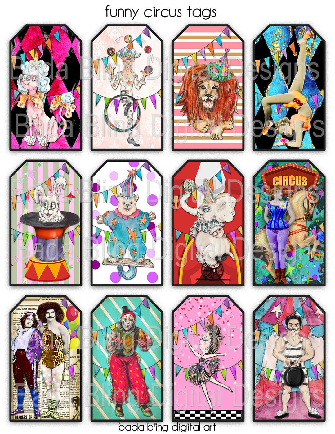Funny Circus Gift Tags, Circus Collage Sheets, INSTANT Digital ...