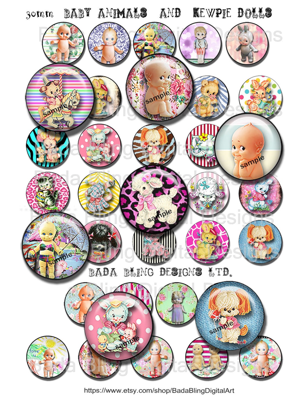 Baby Animals and Kewpie Dolls, 30 Mm Circle Pendants, Digital Collage ...