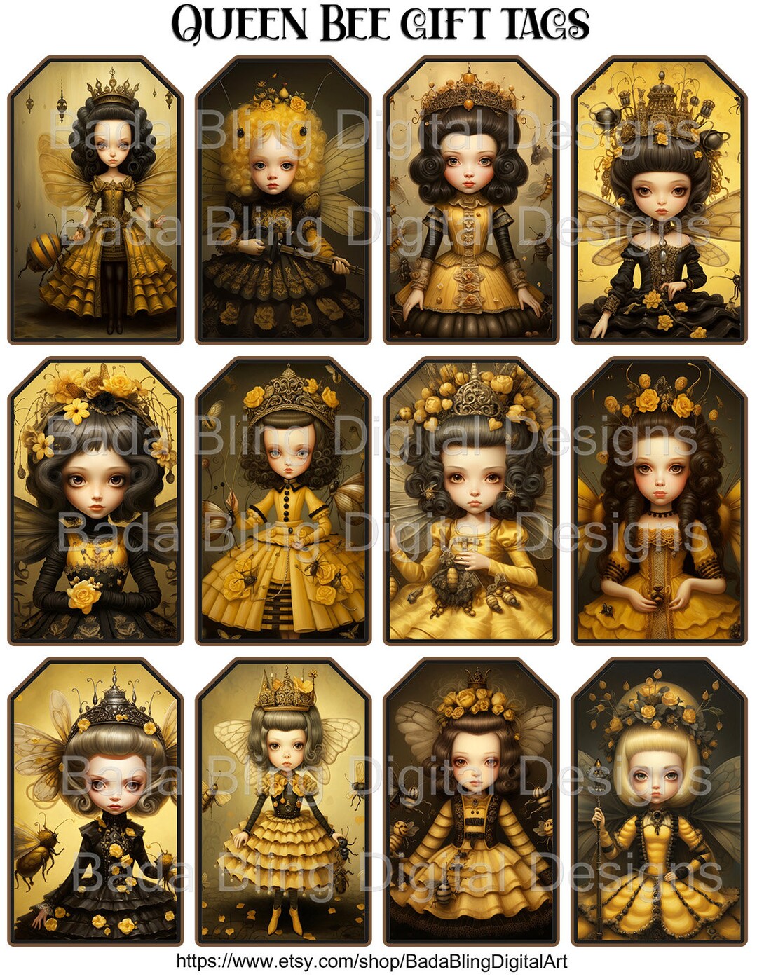 Queen Bee Gift Tags, Original Art, INSTANT Download, Cottage Core ...
