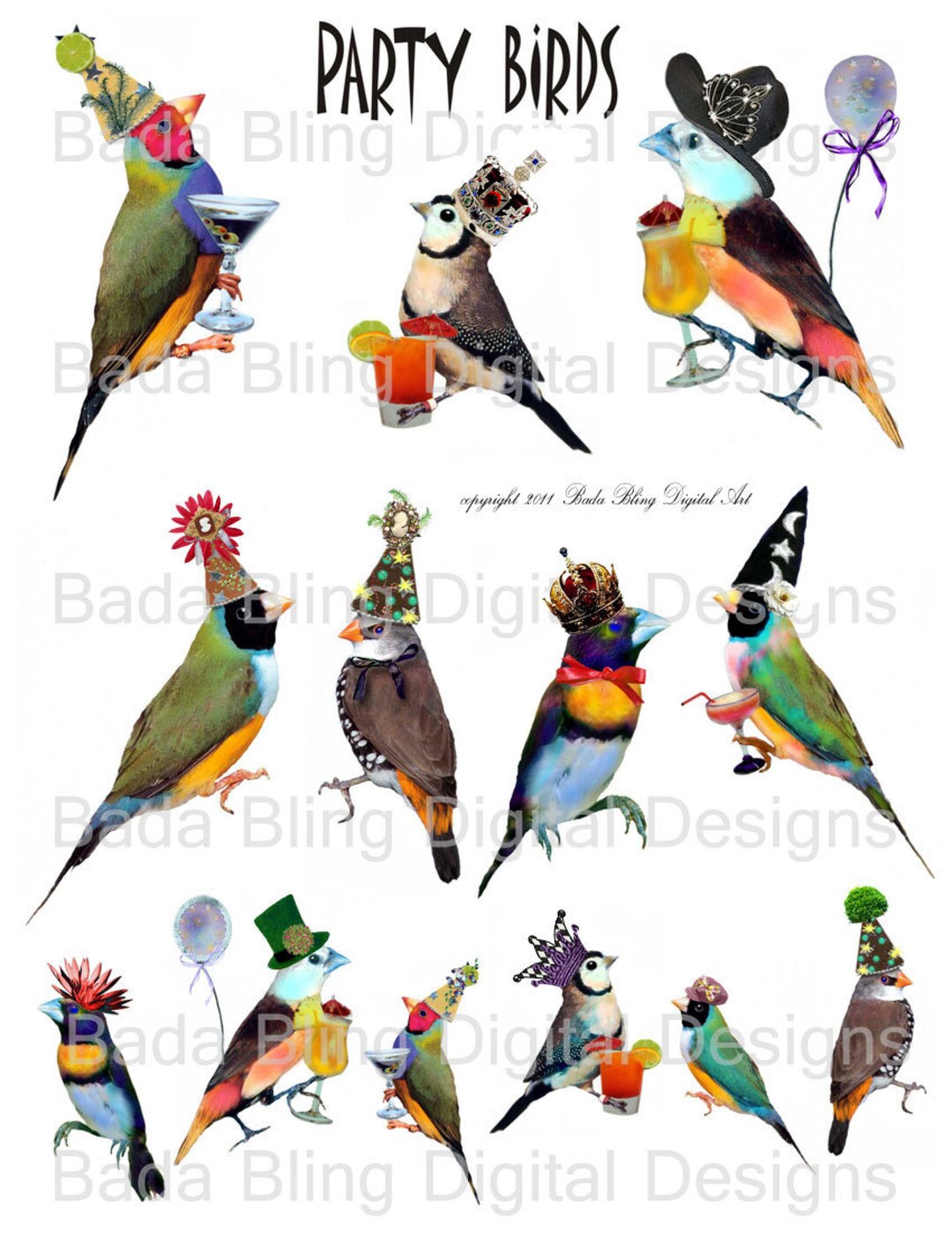 Party Birds, Altered Art Collage Sheets,instant DOWNLOADS, Gouldian ...