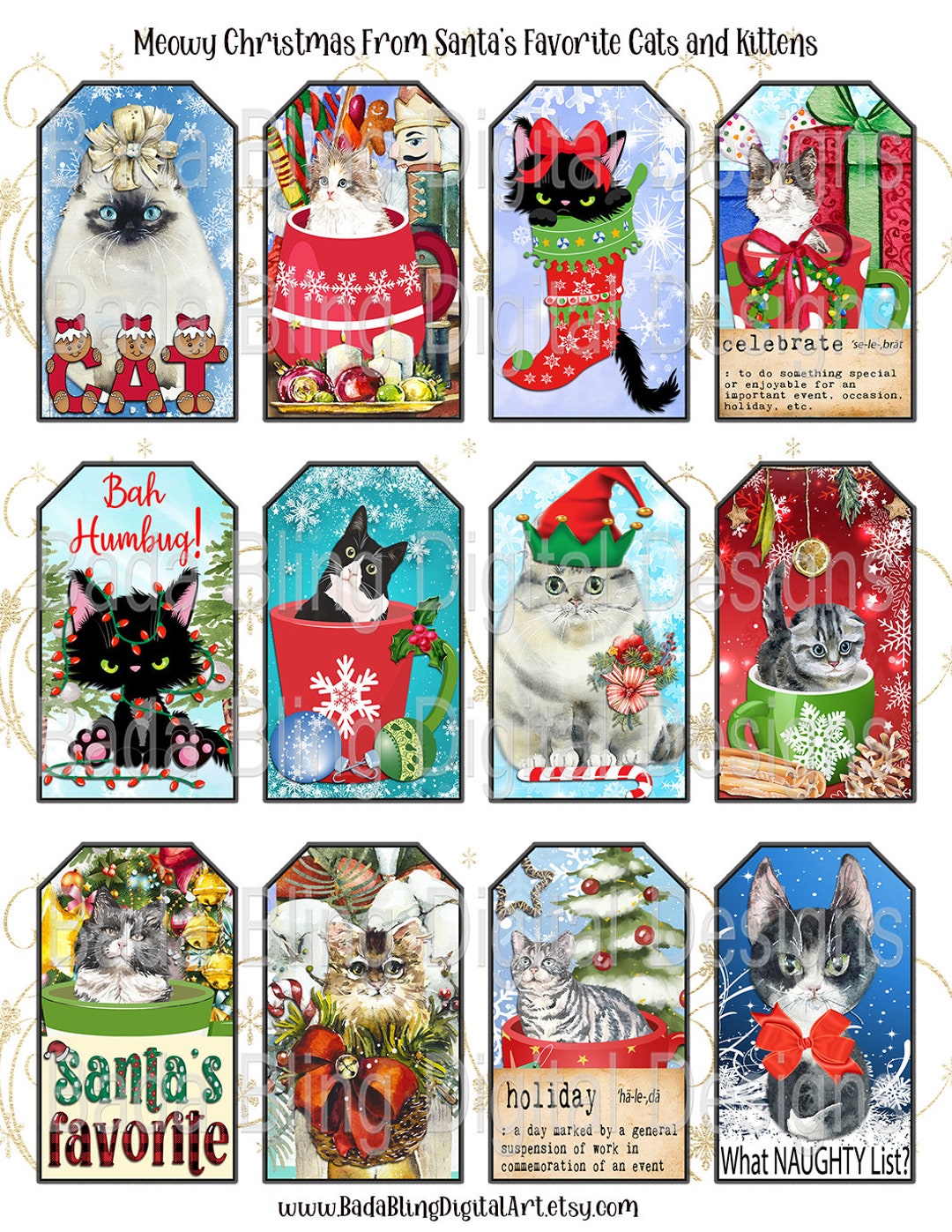 Christmas Cats, INSTANT Download Gift Tags, Cat Digital Collage Sheets ...