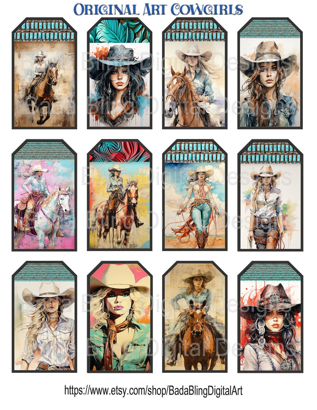 Cowgirl Gift Tags, Original Art Cowgirls, Cowgirl Collage Sheets ...