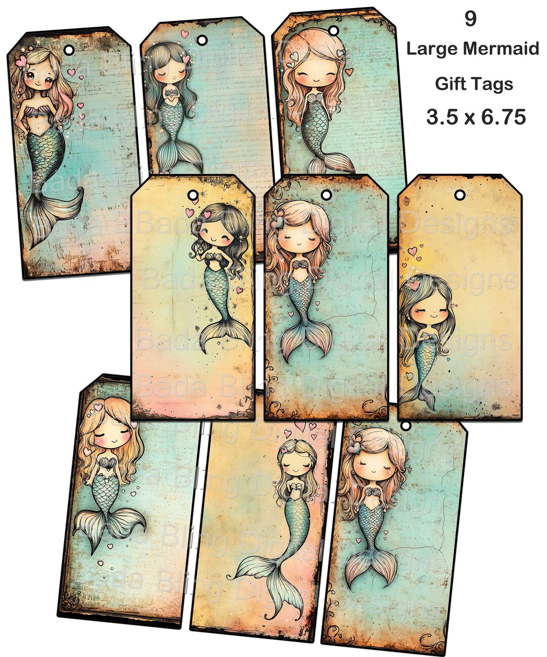 9 Large Mermaid Gift Tags Mermaid Collage Sheets INSTANT Digital ...